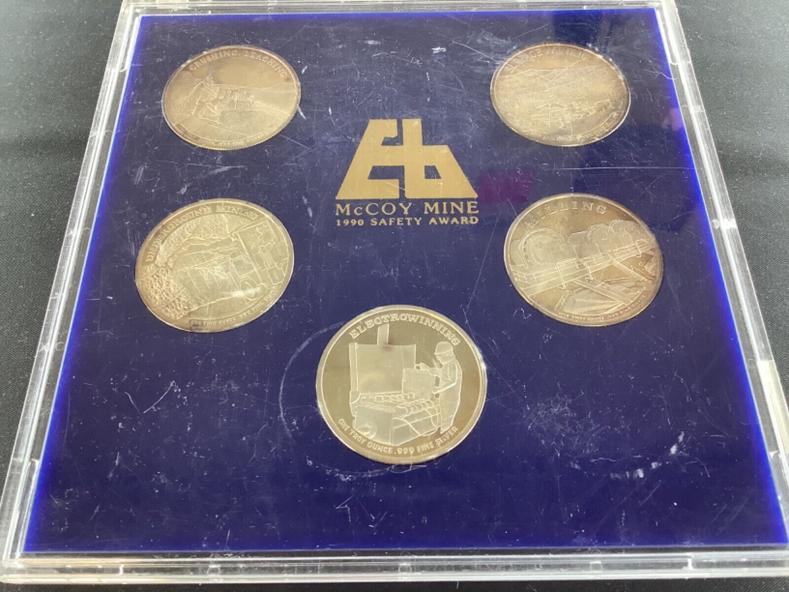 1990 NEVADA ECHO BAY MINERALS CO. SAFETY AWARD 5 1oz SILVER ROUNDS IN ...