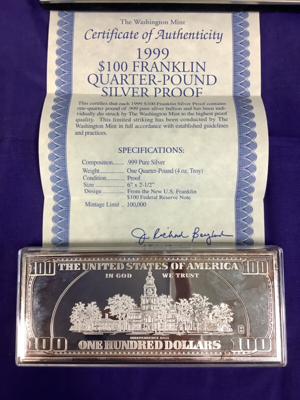 1999 $100 Franklin Quarter Pound Silver Proof - Grand Rapids Coins