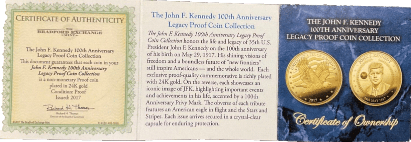 JFK 100th Anniversary 8 Pc Proof Coin Collection Bradford Exchange ...