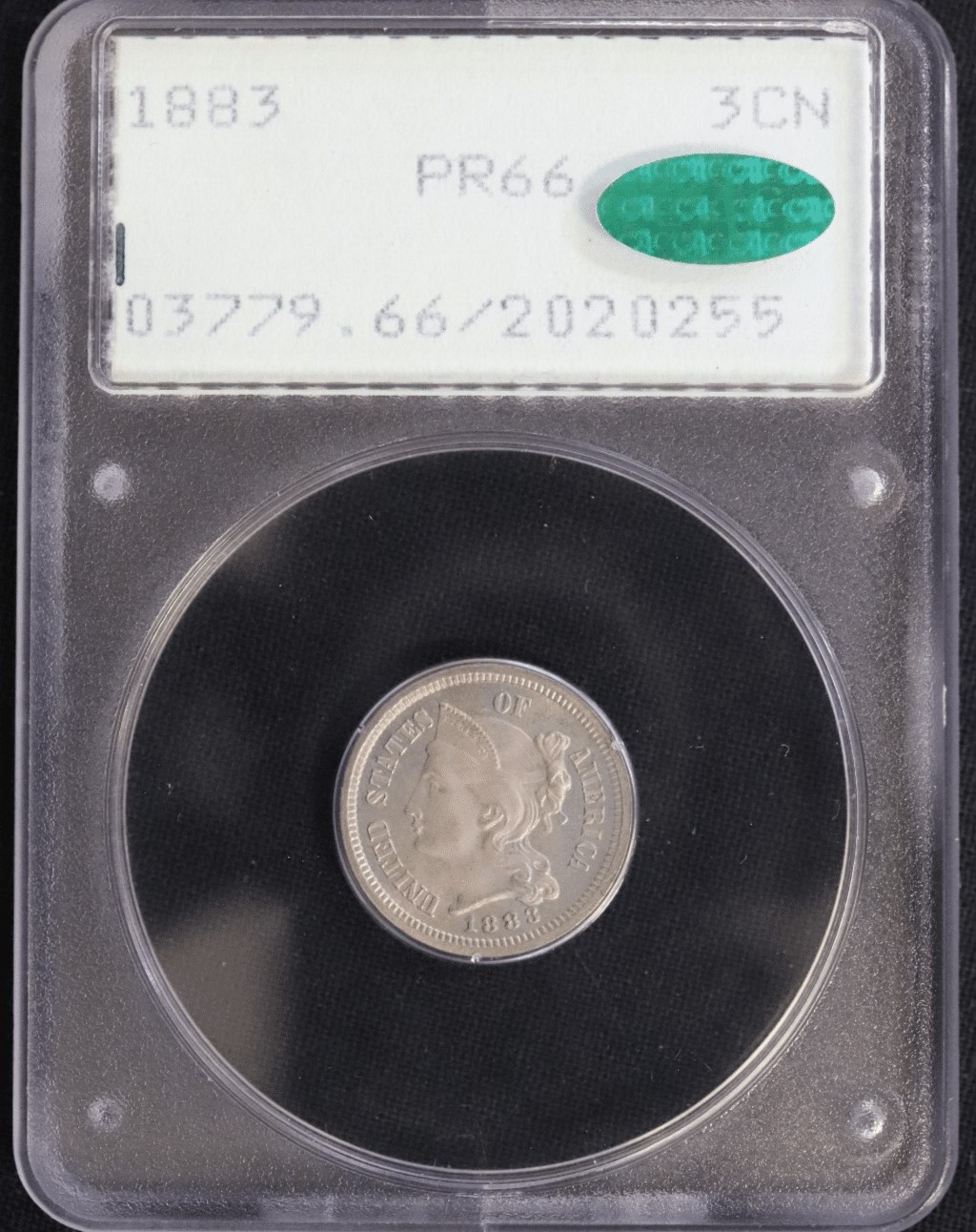 1883 3 Cent Nickel Old Green PCGS Graded PR66 CAC Sticker Holder ...